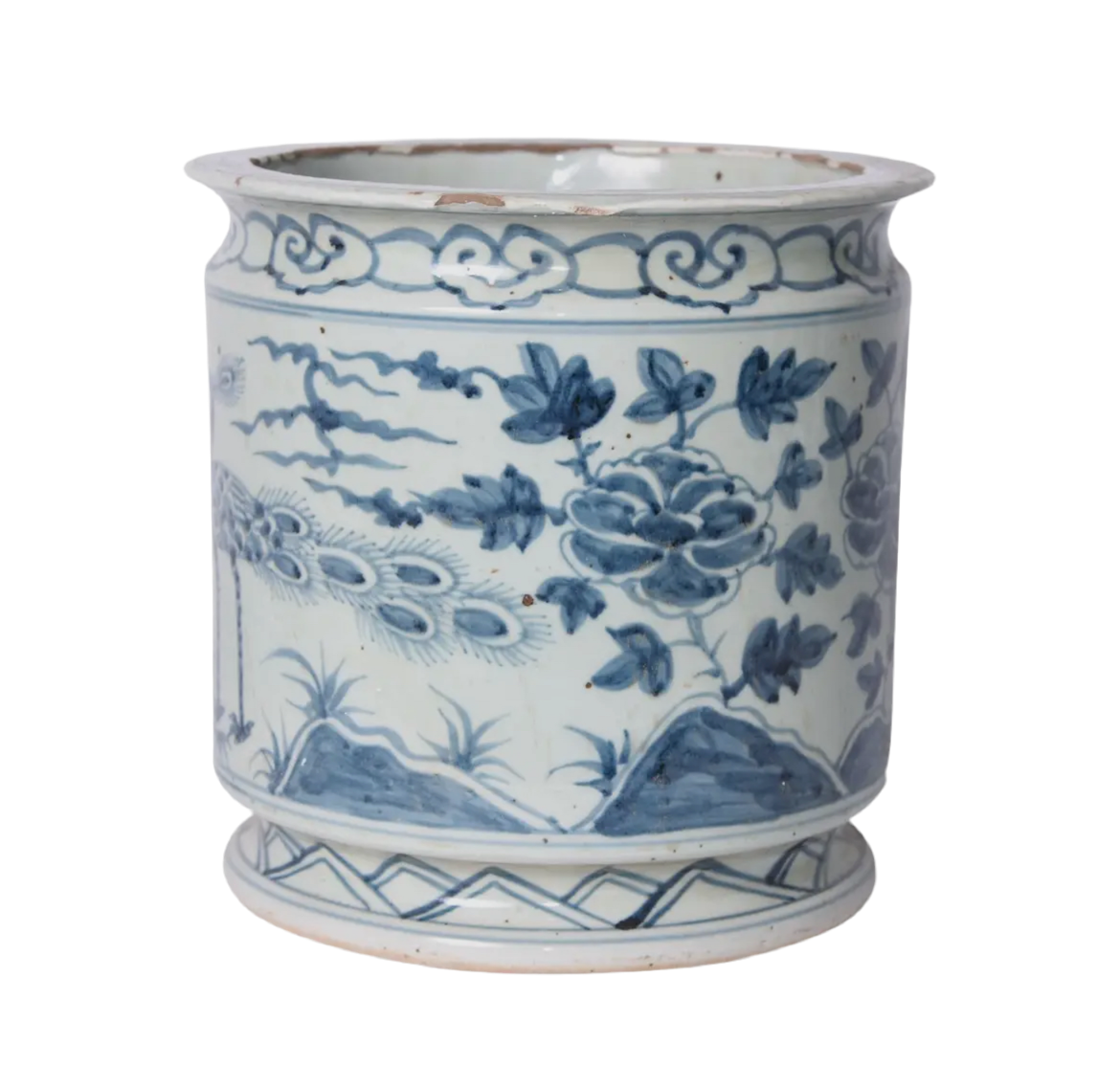 Blue and White Porcelain Floral & Bird Jardiniere Planter Pot with Ind ...