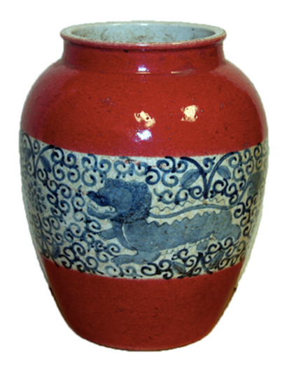 Unusual Red-Orange Vase with Foo Dog Motif – Affordably Chic Art